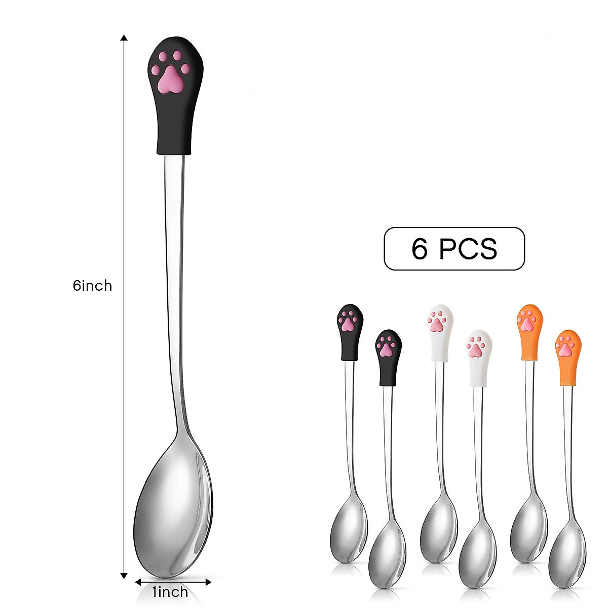 6 Pieces Dog Cat Can Food Spoon Pet Stainless Steel Food Spoon with Cute Cat Claw Silicone Handle (White, Black, Orange)