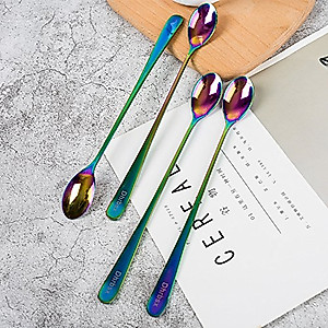 Long-handled ice tea spoon, cocktail stir spoons, stainless steel coffee spoons, Colored ice cream scoop (9 IN iridescence, Round)