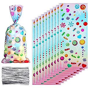 Outus 100 Pieces Cellophane Treat Bags Candy Bags Cand Lollipop Pattern Cello Bags with 150 Pieces Silvery Twist Ties for Chocolate Candy Snacks Cookies Birthday Party Favors, 11 x 5 Inches