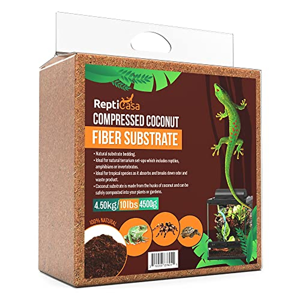 ReptiCasa Compressed Coconut Fiber Substrate, 10 lb. Block, Natural Husk Terrarium Bedding, Reptiles, Frogs, Snakes, or Tortoise, Odor and Waste Absorbent Compostable, Organic with High Expansion