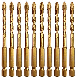 Hymnorq 1/4 Inch Multi-Purpose Masonry Drill Bits 10pc Pack, YG6X Carbide Tipped 4 Edges Cross Spear Head, 1/4 Hex Shank, Titanium Coated Surface, for Glass Tile Concrete Wood Ceramic Brick Marble