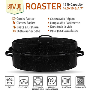 Bovado 15.5" Enamel Oval Turkey Roaster with Lid - 12lb Capacity, Nonstick, Dishwasher Safe
