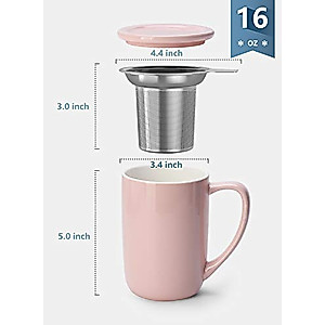 Sweese 16 OZ Porcelain Tea Mug with Infuser and Lid, Loose Leaf Tea Cup, Gifts for Tea Lover, Pink - 203.108