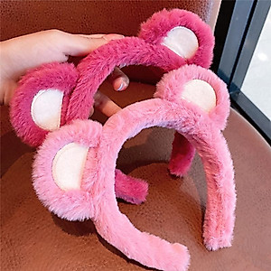 CheeseandU 2Pcs Pink Bear Ears Headband Hot Pink Plush Hair Hoop Cute Fashion Fluffy Soft Plush Bear Ear Headwears for Women Girls Makeup Headband Face Washing Headband Valentines Day Gift