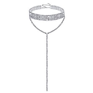 EFTOM Rhinestone Choker Necklaces Silver Sparkly Diamond Choker Long Tassel Choker Necklace for Women 5 Rows