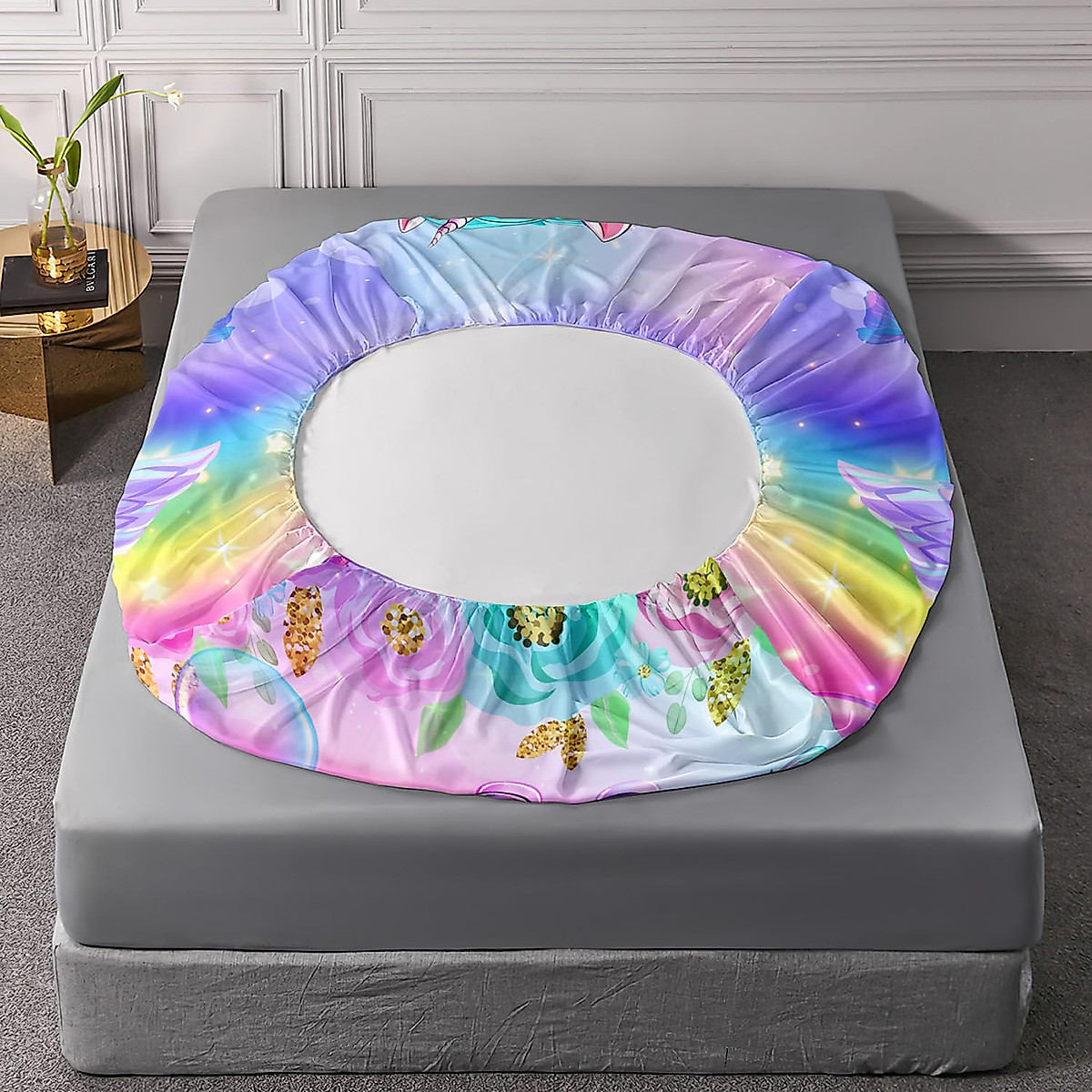 XYNHML Kid Unicorn Fitted Sheet Set Twin Size Rainbow Flower Star Pattern Kid Bed Sheet Cute Unicorn Butterfly Bedding Set for Boys Girls Includes 1 Fitted Sheets & 2 Pillowcases No Flat Sheet