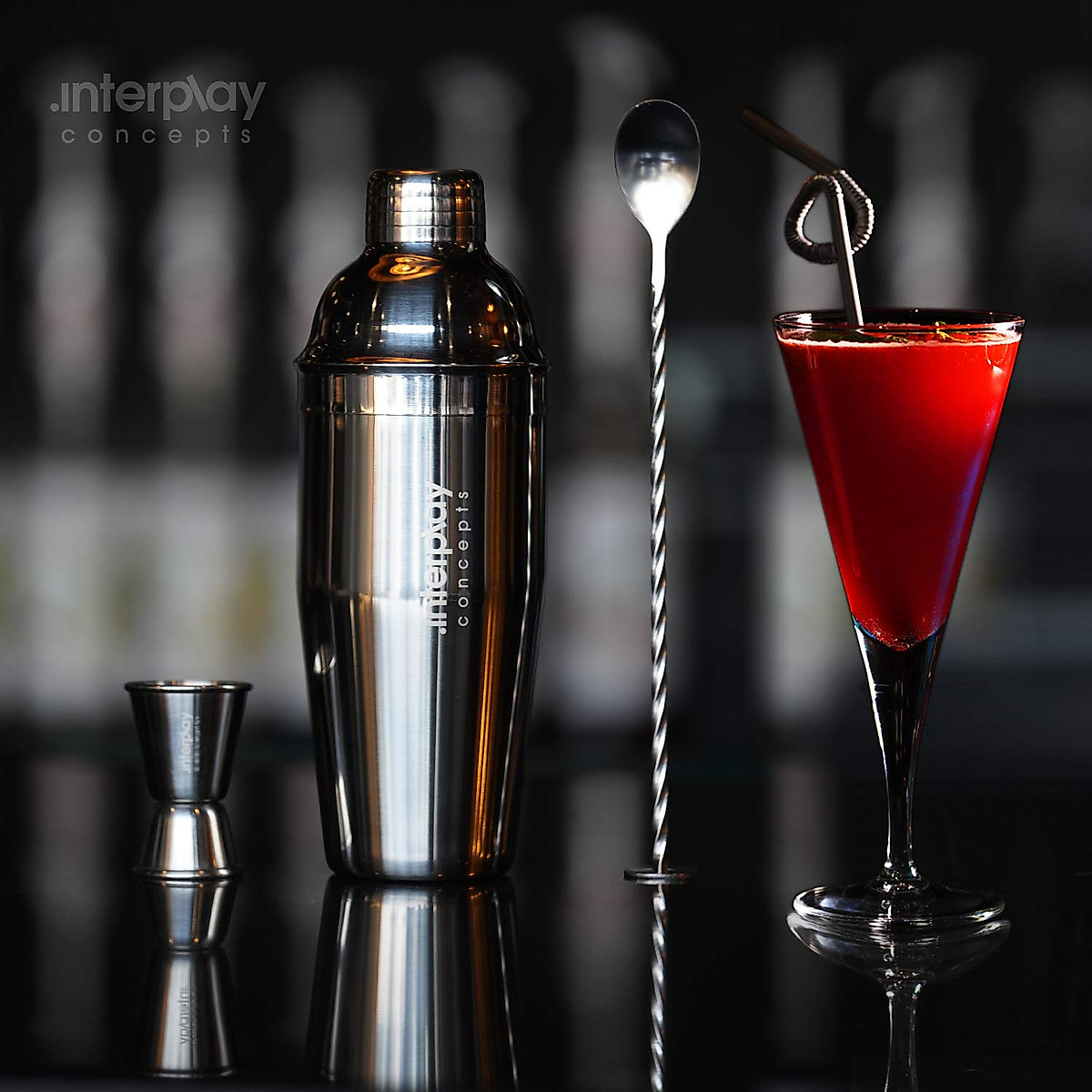 Interplay Concepts 25oz Cocktail Shaker - Large Drink Shaker for Perfect Drinks - Stainless Steel Martini Shaker with Built in Strainer, Jigger & Spoon - Professional Cocktail Shaker Set for Mixing