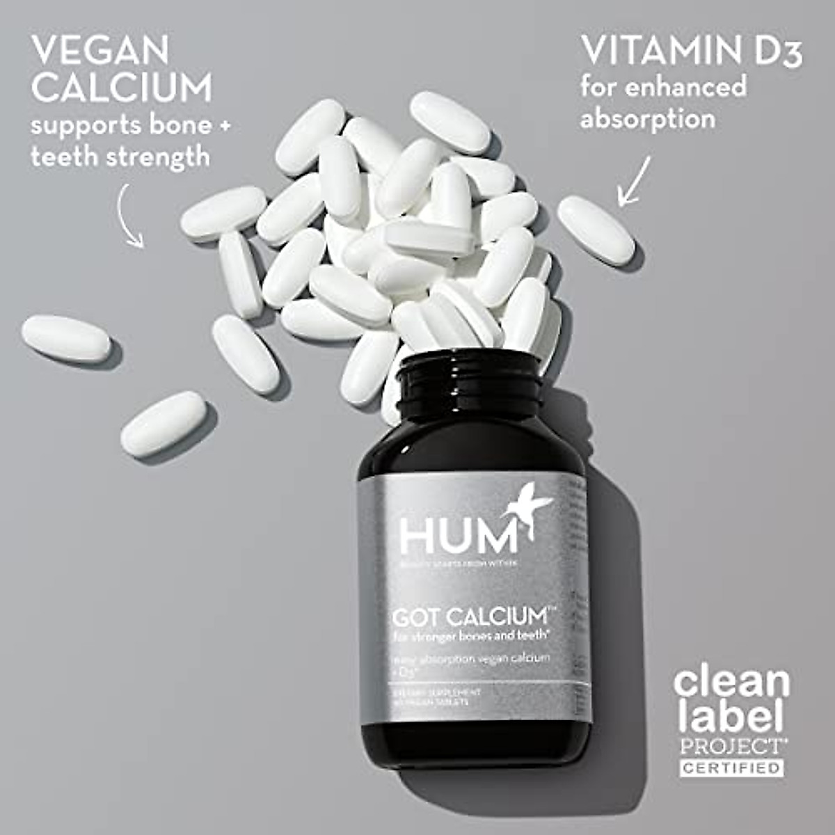 HUM Got Calcium - Vegan Calcium Supplement for Bone Health + Teeth Strengthening with Vitamin D3 for Enhanced Absorption (60 Vegan Tablets, 30 Day Supply)