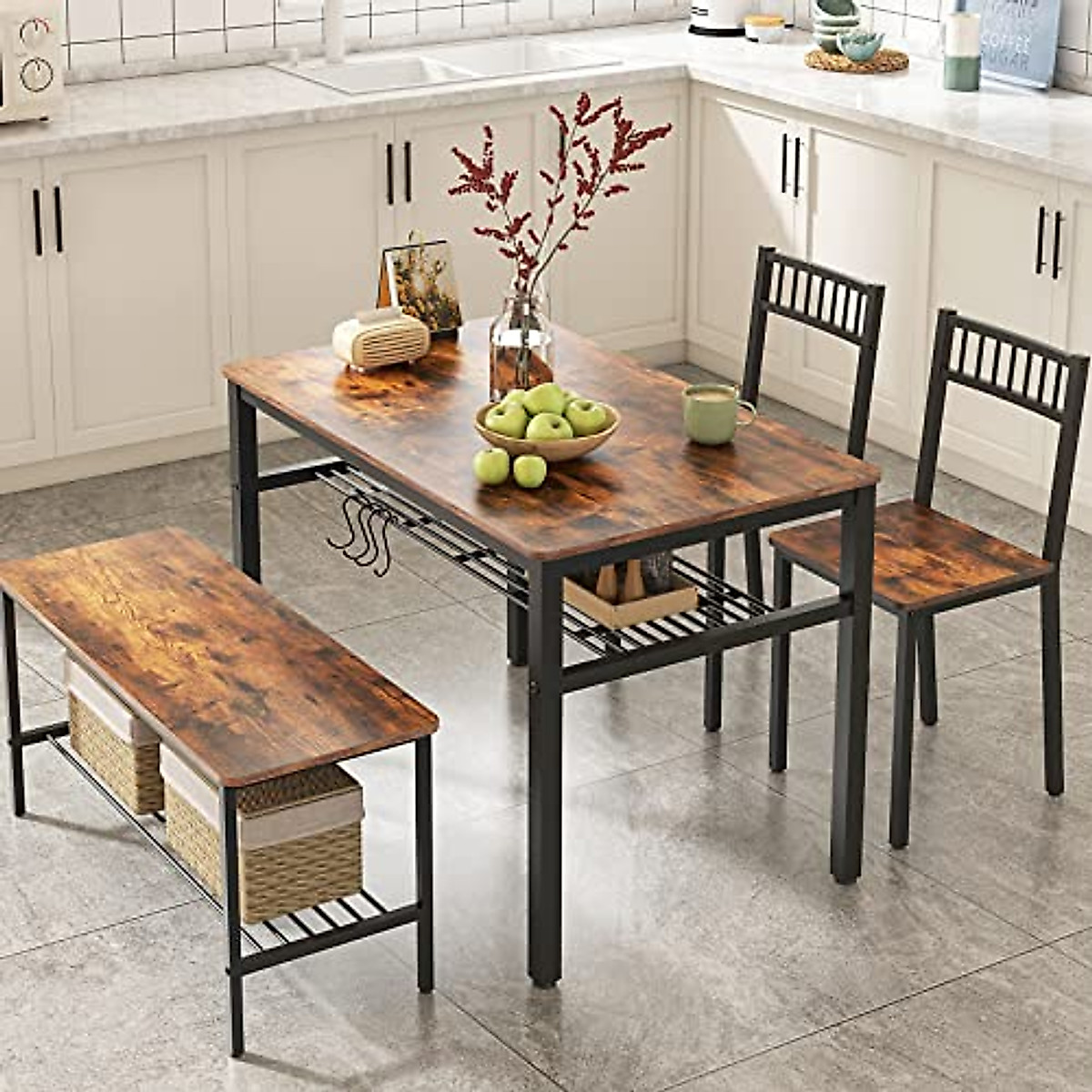 Bigbiglife Dining Table Set for 4, Kitchen Table with 2 Chairs and 1 Bench, Dining Table Set with 2 Storage Racks and 4 S-Hooks, Industrial Design for Small Space Home Kitchen, Rustic Brown