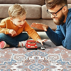 Washable Rug 9'x12' Area Rug for Living Room Bedroom Rug Lightweight Large Area Rug Thin Vintage Rug No Smell Machine Washable Rug Accent Rug for Dining Room Home Kitchen, Blue