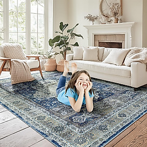 BESTSWEETIE 8x10 Area Rugs Machine Washable No Pile Non Slip Vintage Rugs for Living Room&Bedroom&Dinning Room Bohemian Distressed Carpet Indoor,Blue