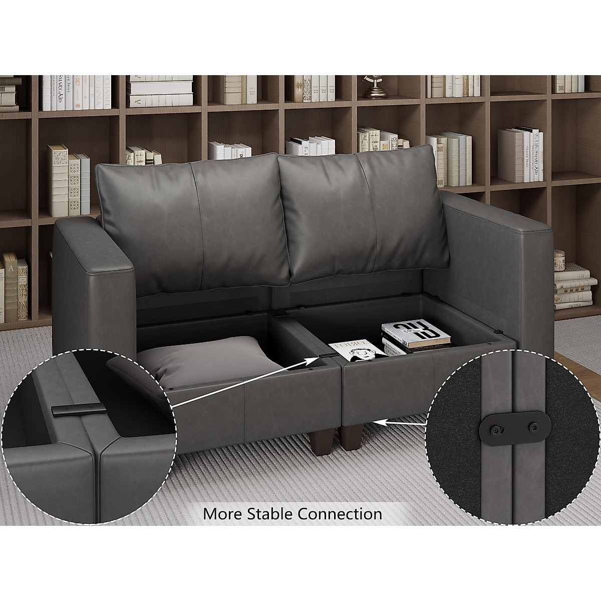 EASE MOOSE Modular Sectional Loveseat Sofa Couch with Storage Seats, 2 Seat Faux Leather Convertible Modular Sofa Love Seats for Small Spaces