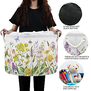 linqin Large Collapsible Cotton Rope Basket Wildflower Floral Laundry Basket 20 x 14 Inches Storage Basket Organizer for Toys, Pillows, Cushions in Living Room, Home Decor