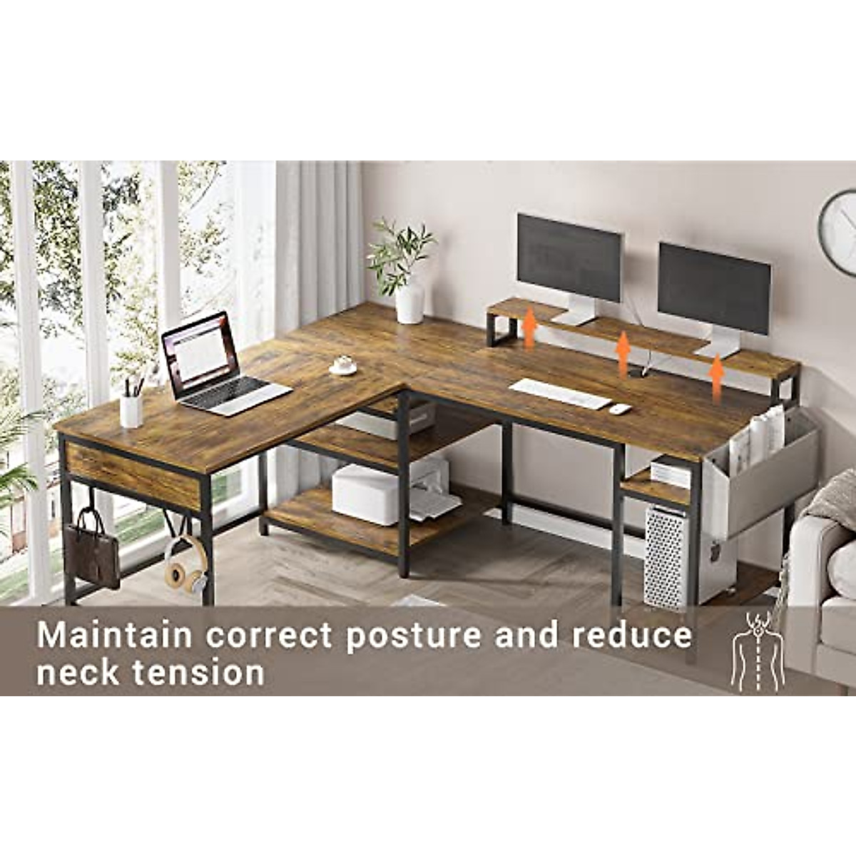 SEDETA L Shaped Desk with Lift Top, Convertible Home Office Desk, L Shaped Standing Desk with Storage Shelves, Monitor Stand, and Headphone Hook for Home Office, Rustic Brown