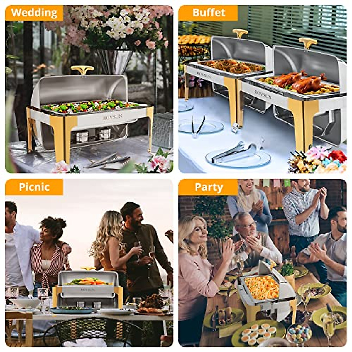 ROVSUN Roll Top Chafing Dish Buffet Set Gold Accent,9 Quart Rectangular Stainless Steel Chafer, Buffet Servers and Warmers Set Warming Tray for Wedding, Parties, Banquet, Catering Events, Graduation