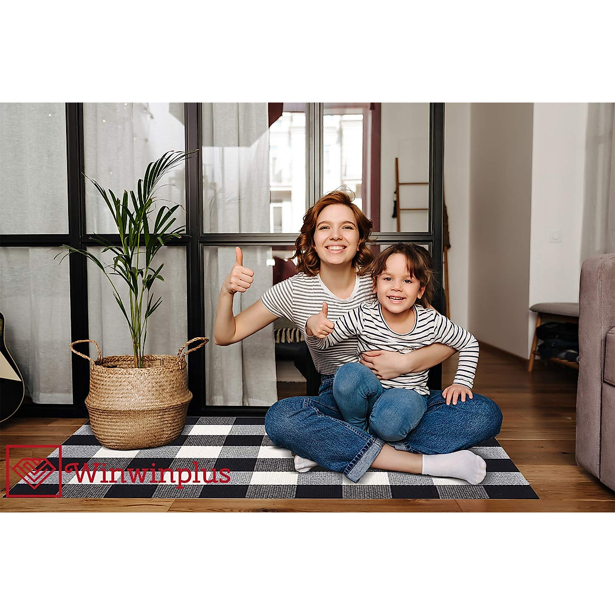 Winwinplus Buffalo Check Rug Cotton Washable Christmas Doormat Unique for Bedroom/Living Room/Kitchen, 23.6 inch x 51.1 inch, Outdoor Plaid Rug, Black and White