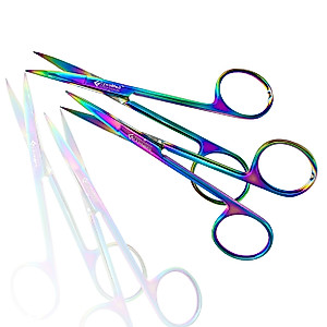 Cynamed Set of 2 Iris Micro Dissecting Scissors with Multicolor/Rainbow Titanium Coating Premium Quality Instrument - Perfect for Fine Precision Tissue Dissection Suture Removal (Straight and Curved)