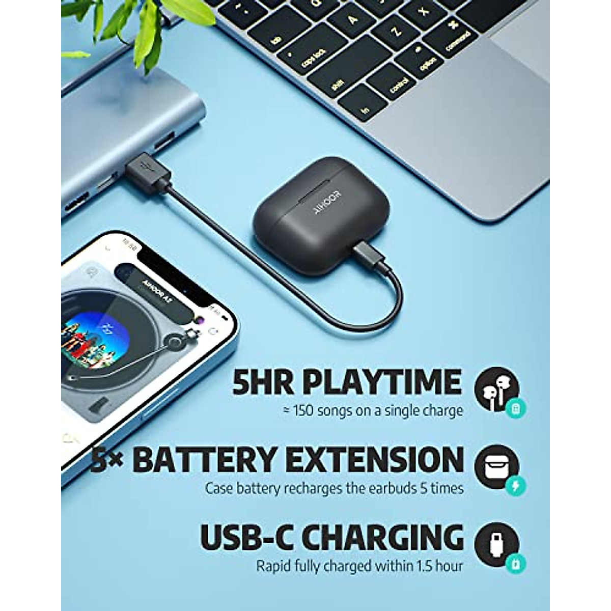 AIHOOR Wireless Earbuds for iOS & Android Phones, Bluetooth 5.3 in-Ear Headphones with Extra Bass, Built-in Mic, Touch Control, USB Charging Case, 30hr Battery Earphones, Waterproof for Sport