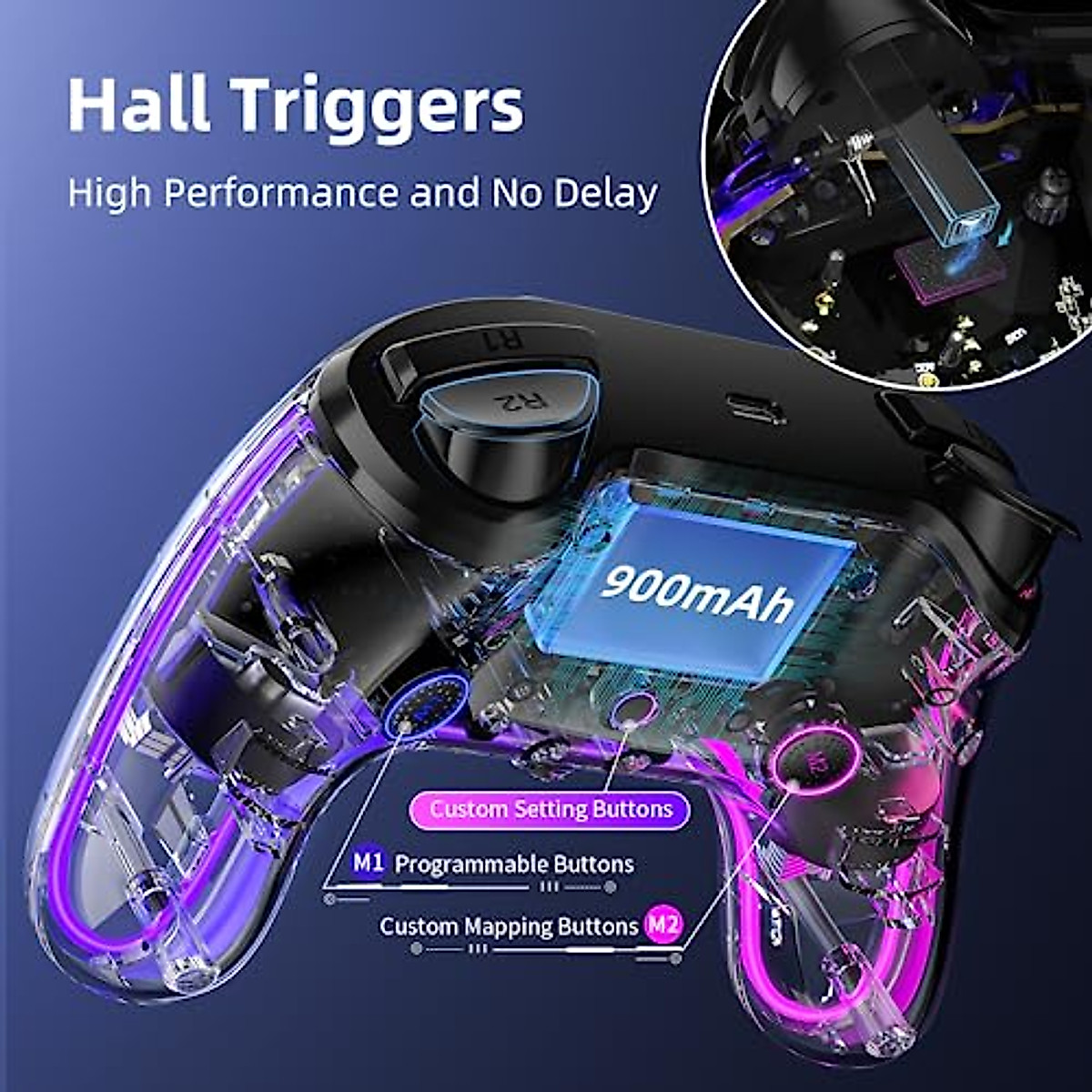 Honghao Controllers For PS4 With Hall Triggers/Vibration/Programming/8 RGB LED Lights, Wireless Remote Joystick Gamepad Accessories, Shock PS4 Dual Controller for PlayStation 4/Slim/Pro/PC (Black)