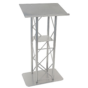 Displays2go 25" Truss Floor Lectern with Interior Shelf, Aluminum & Steel (Silver) (LCT4PSTPSL)