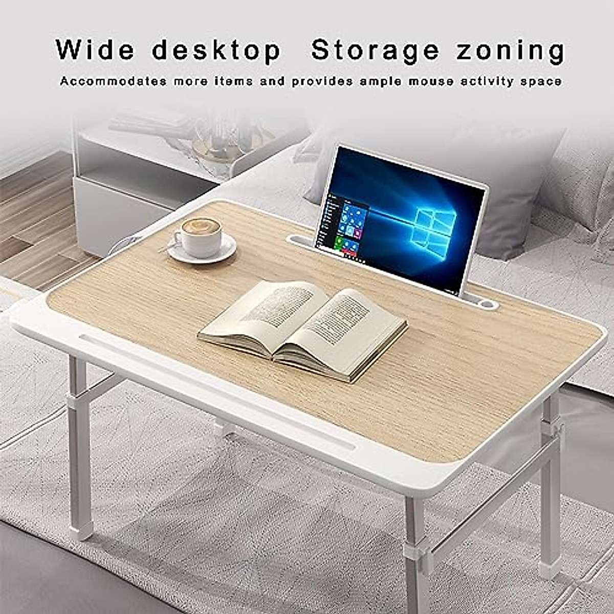 GEIRONV Movable Computer Desk, Bedroom Reading Learning Small Table with Drawers and Bookshelf Adjustable Multifunctional Folding Table (Color : White, Size : 60x40CM)