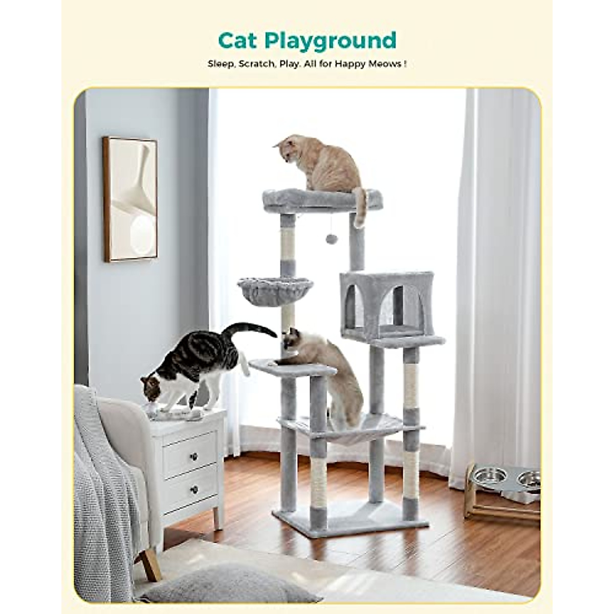 PETEPELA Cat Tree for Large Cats, 56.3" Multi-Level Cat Tower with Sisal Scratching Posts, Super Large Hammock(20"x17") and Top Cat Perch for Heavy Cats, Grey