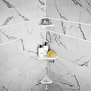 Questech Décor 10 Inch Corner Shower Shelf Bathroom Caddy, Wall Mounted Corner Shower Shelf, Retrofit Shelf For Tiled Shower Walls, Bathroom Corner Shelf, 10 Inch Geo Flatback, Bright White Polished