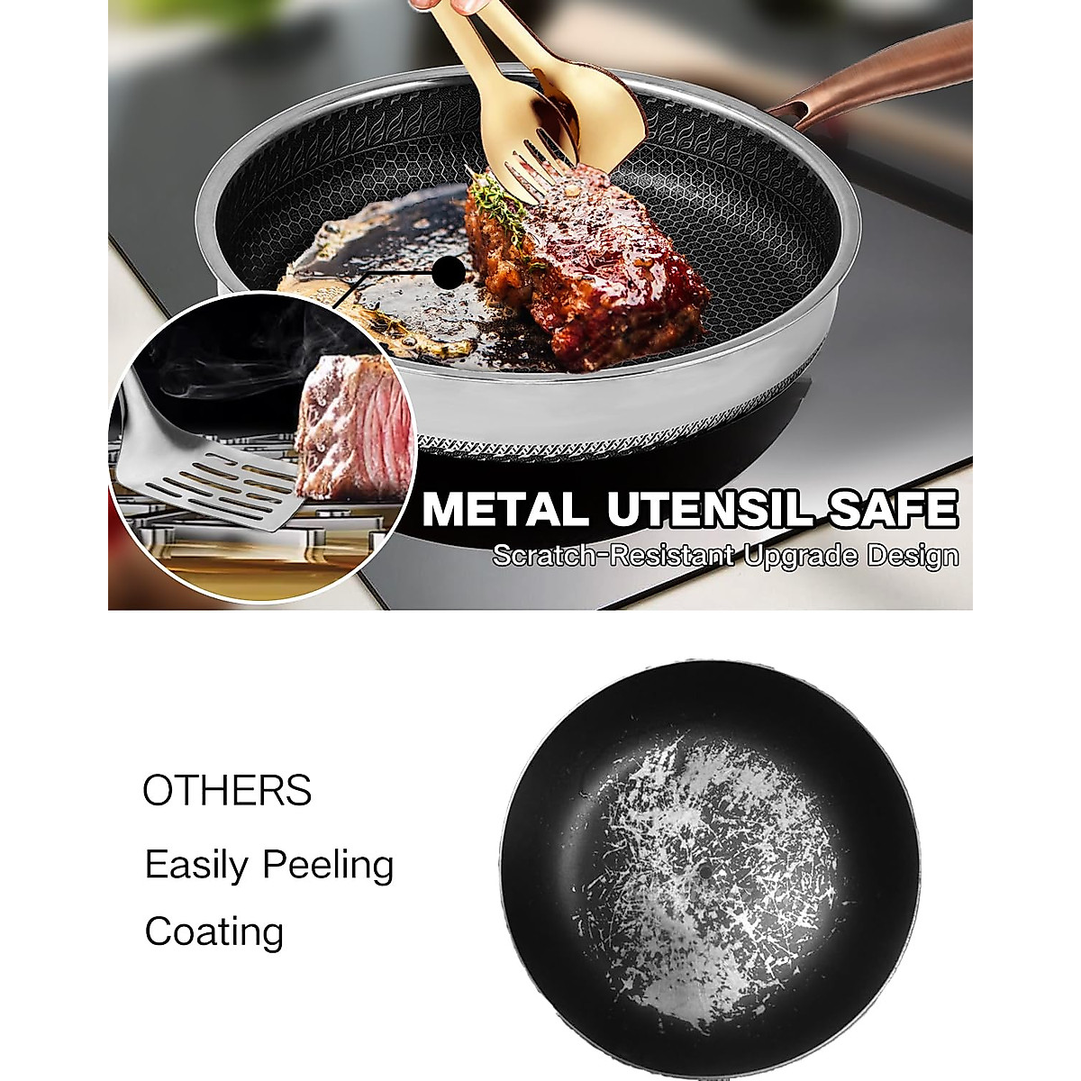 Bakpoco Frying Pans Nonstick, 12 inch Hybrid Non Stick Frying Pan with Lid, Stainless Steel Non Toxic PFOA Free Scratch-resistant Coating Skillets, Dishwasher & Oven Safe Induction Compatible Cookware