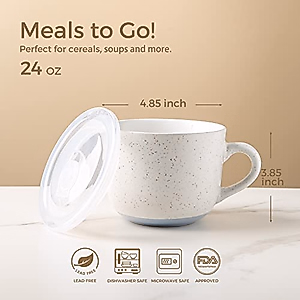 AmorArc Ceramic Soup Mugs with Lid, 24 oz Soup Cups with Hanlde for Coffee,Cereal,Salad,Noodles,Tea,Soup Bowls Cups,Microwave &Dishwasher Safe, Set of 2,Speckled Outside with Vented lid