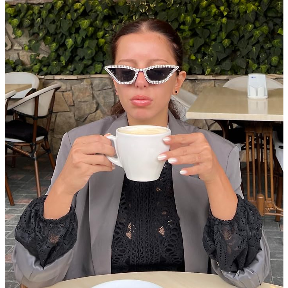 FEISEDY Small Cat Eye Sunglasses for Women Vintage Square Sparkling Crystal Trendy Retro Cateye Sunglasses B2317