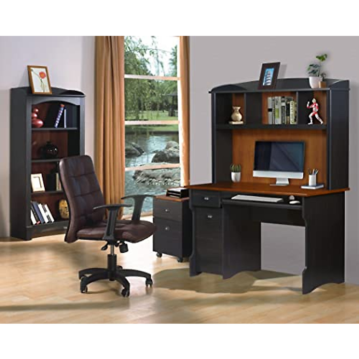 Saint Birch Modern Wood Writing Desk with Hutch in Maple/Antique Black