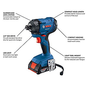 BOSCH GDR18V-1400B12 18V 1/4 In. Hex Impact Driver Kit with 2.0Ah Battery