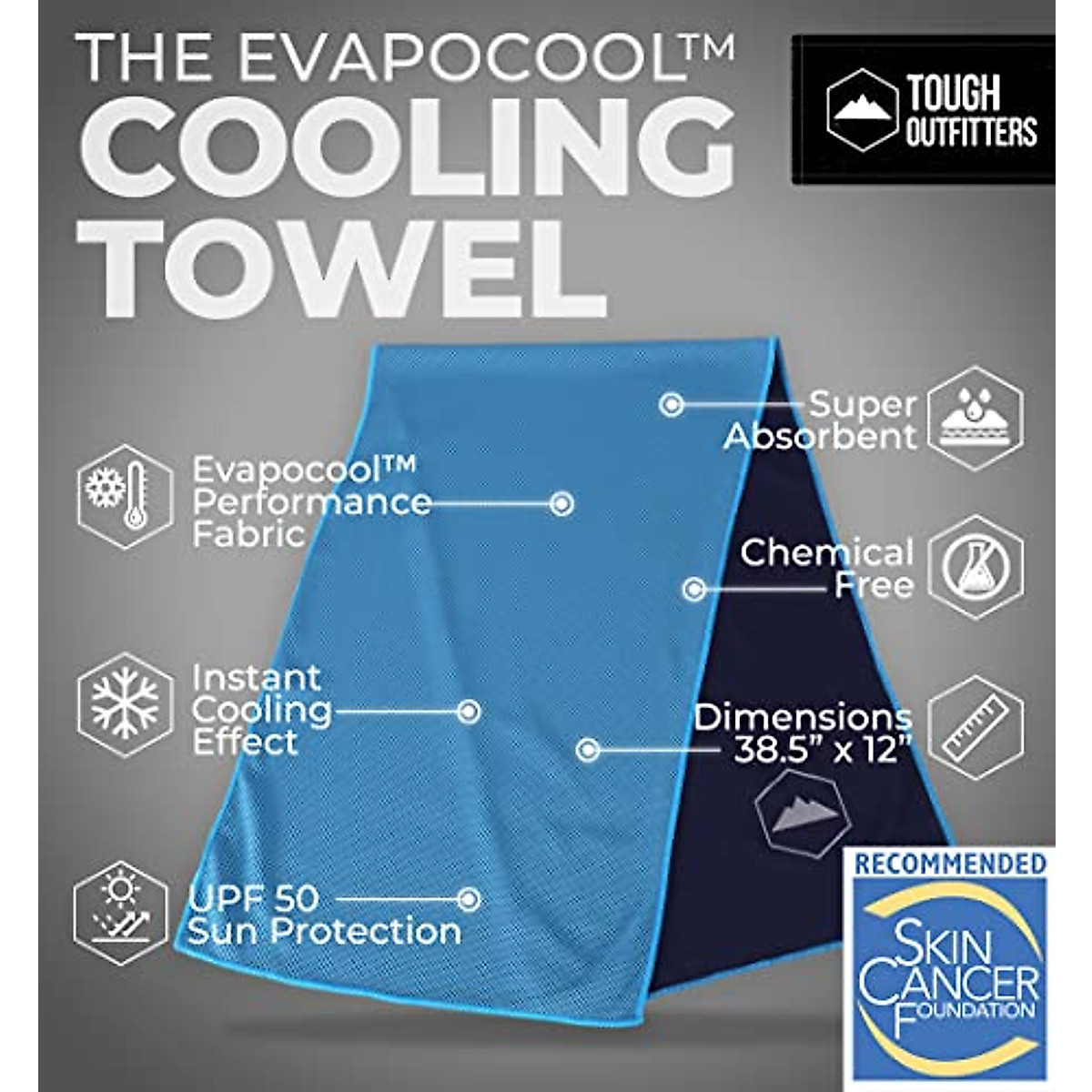 Tough Outdoors Cooling Towels (38.5"x12") - Cooling Towels for Neck & Face, Cooling Neck Wraps - Ice Towel & Sweat Rag for Camping, Gym, Yoga & Sports