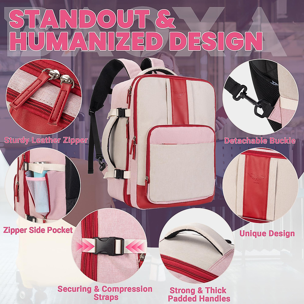 BAOXA Large Carry on Backpack, Expandable Travel Backpack for Women Airline Approved, 40L Suitcase Backpack for Women Men, Weekender Luggage Backpack for Traveling on Airplane (Pink)