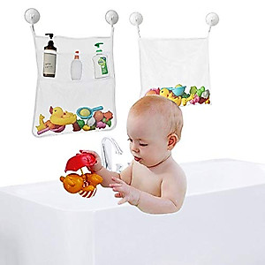 Bath Toy Organizer Mesh Storage Organizer Baby Shower Toys Bathtub Net Bag Kids Quick Dry Bathtub Mesh Net Bathtub Toy Holder 2 X Bathroom Storage Bag & 6 X Strong Suction Hooks (White)