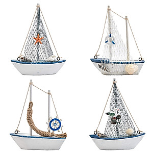 BUYGOO 4 Pack Mini Sailboat Model Decoration, Wooden Miniature Sailing Boat Home Decor Set, Beach Nautical Design, Navy Blue and White, for Ocean Theme Decoration, 4.3 x 5.3 x 1.25 Inches (4 Different Design)