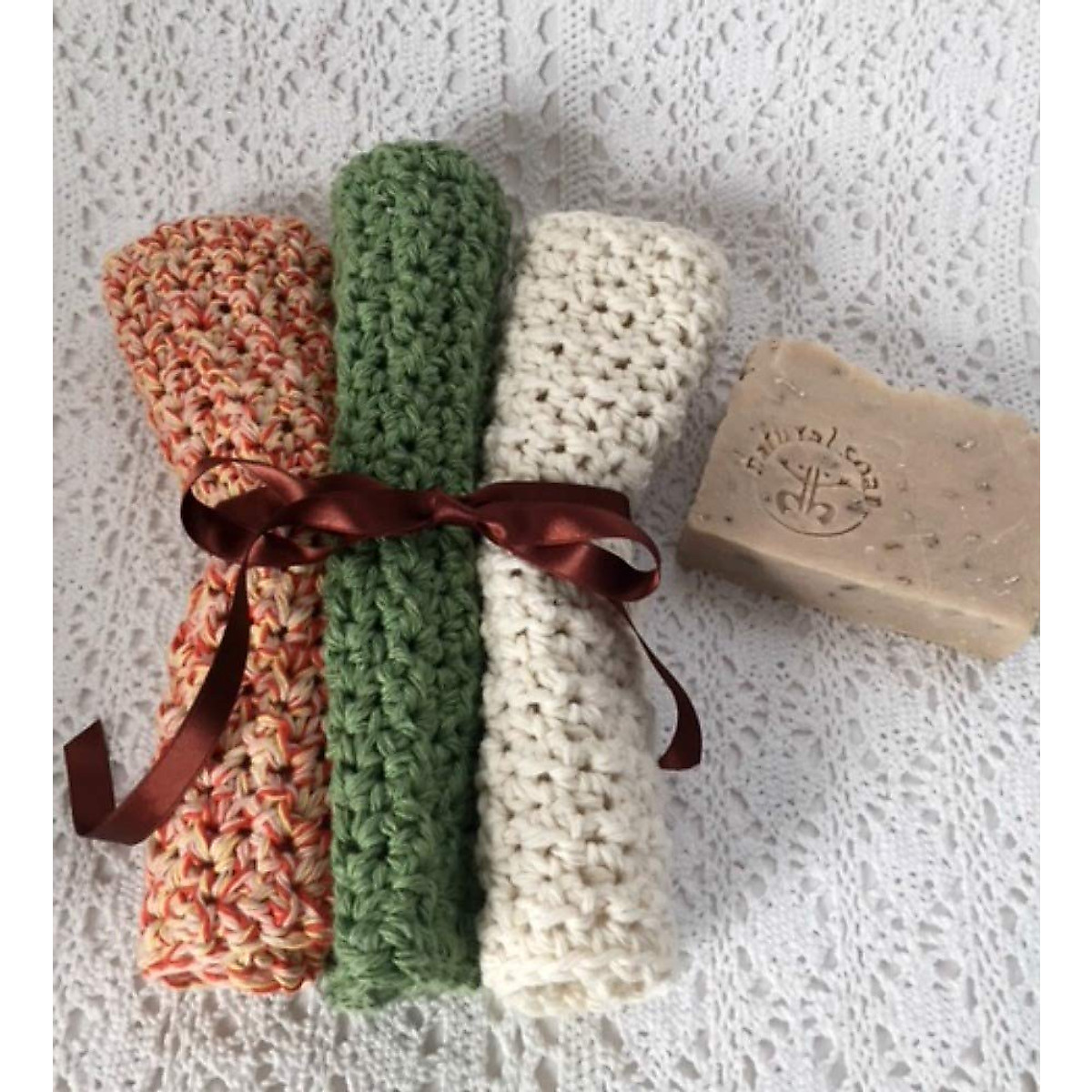 Crochet Kitchen Dish Cloths Fall Harvest Green Beige Orange Yellow Wash Cloth Crochet Cotton Dishcloths Set of 3