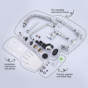 Commercial Kitchen Faucet with Sprayer, Pre-Rinse Wall Mount Kitchen Sink Faucet 25" Height Kitchen Tap with 9.6" Add-on Swing Spout for Restaurant