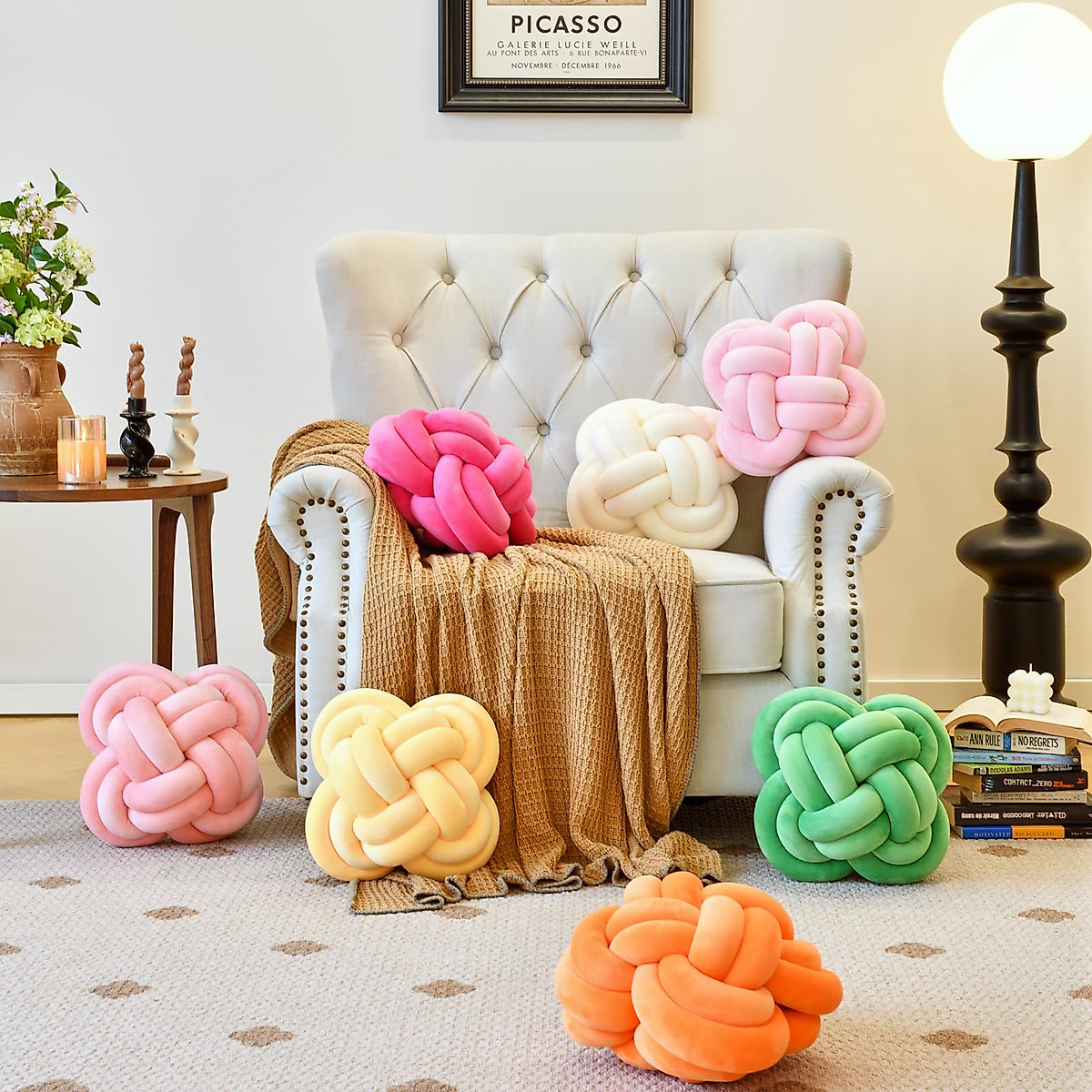 Xuyier Knot Pillow Ball, Decorative Throw Pillows with Velvet Fabric for Couch Bed, 12" Decor Knotted Square Floor Pillow Cushions for Living Room (12 Inches, Ivory White)