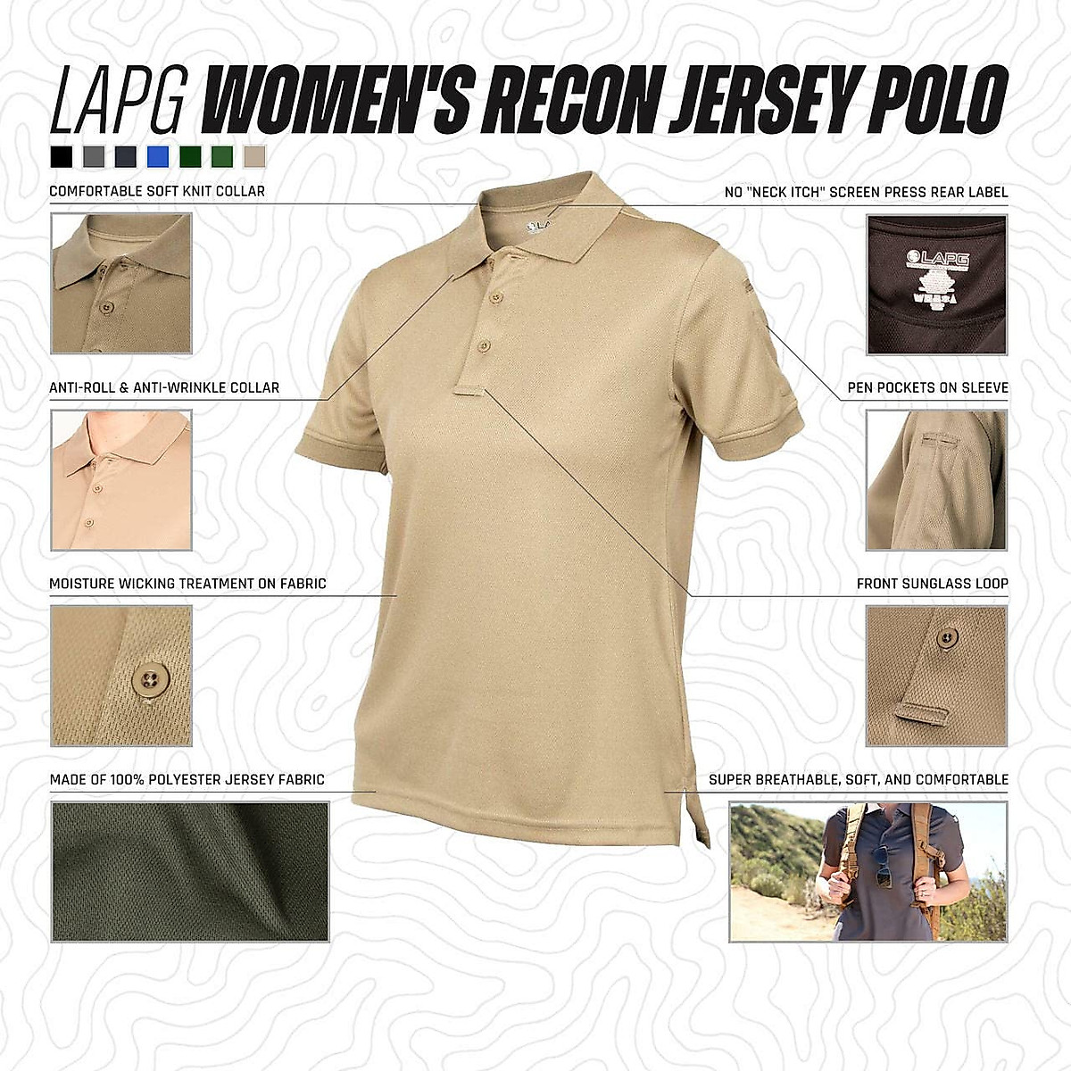 LAPG Women's Recon Jersey Short Sleeve Polo Shirt, Anti-Wrinkle Moisture Wicking Tactical Polo Shirt for Women - Heather Blue - Medium