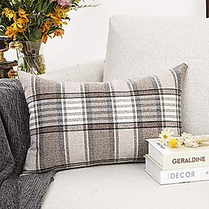 YOUR SMILE Retro Farmhouse Buffalo Tartan Chequer Stripe Plaid Cotton Linen Decorative Throw Pillow Case Cushion Cover Pillowcase for Sofa Outdoor Indoor (Brown, 12''x20'')
