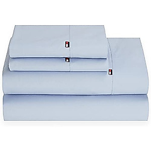 Tommy Hilfiger Signature Solid Sheeting 200 TC Set of 4 Sheet Set - 1 Flat Sheet, 1 Fitted Sheet & 2 Pillowcases, Queen Size, 100% Cotton (B Blue)