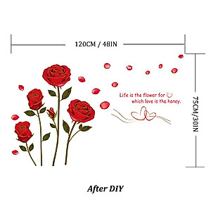 Flowers Rose Wall Stickers, Removable Romantic Wall Stickers Murals, Beautiful Red Rose Wall Decals for Living Room Bedroom TV Background Kids Girls Rooms Decoration (48 x 30inch)