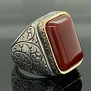 Men Handmade Ring, Red Agate Ring, Dark Aqeeq Gemstone Ring, Ottoman Style Ring, 925k Sterling Silver, Gift For Him