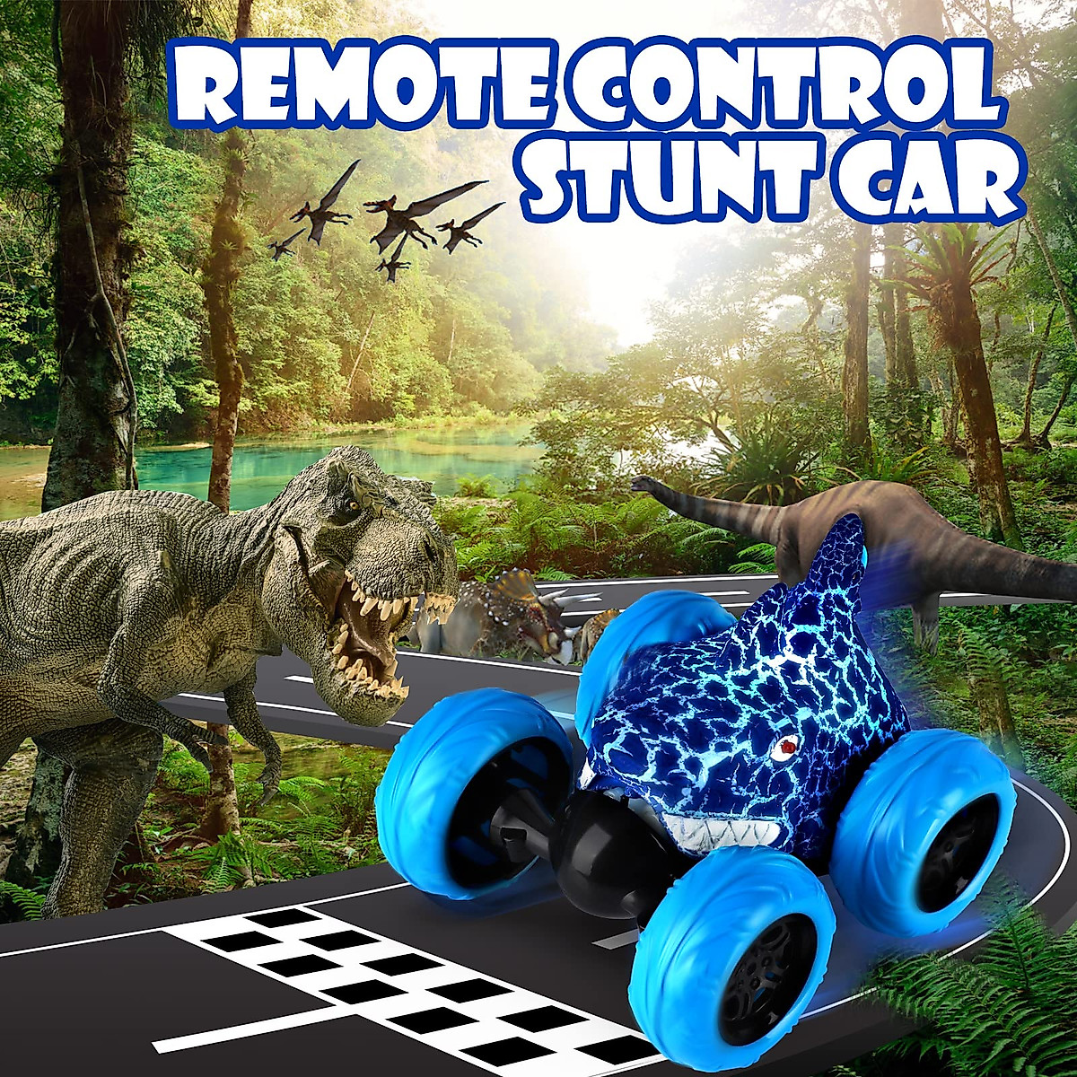 Dywalfri Remote Control Car, Dinosaur Toys RC Stunt Car 360°Rolling with LED Headlights, Rechargeable RC Car Dinosaur Toys Gifts for 4 5 6 7 8-12 Year Old Boys Girls Kids （Sharkosaurus ）