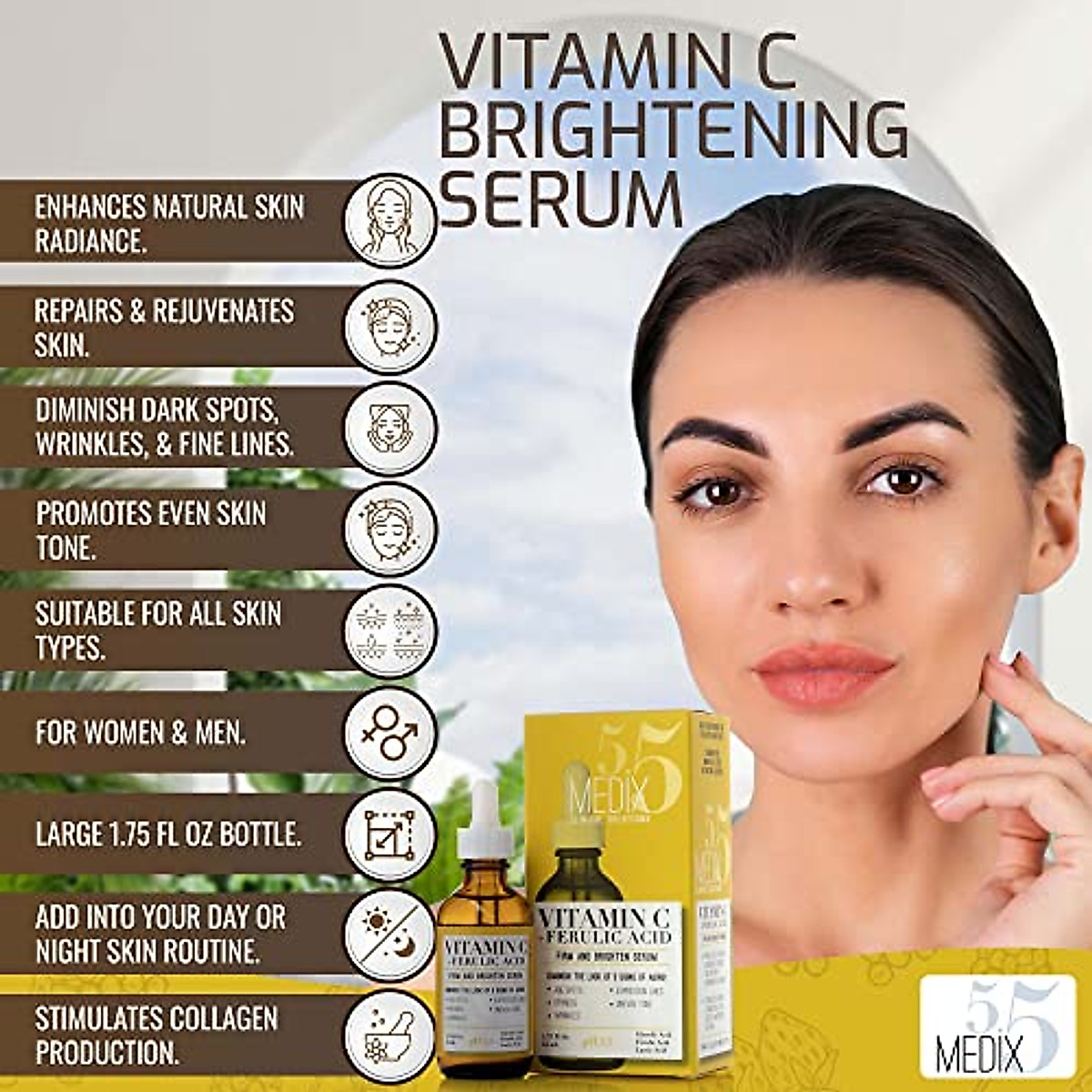 Medix Vitamin C Facial Serum Skin Care Booster For Age Spots, Wrinkles, & Fine Lines. Anti Aging Face Serum W/Glycolic Acid & Hyaluronic Acid Brightens Skin For Healthier Skin Complexion, 1.75 Fl Oz