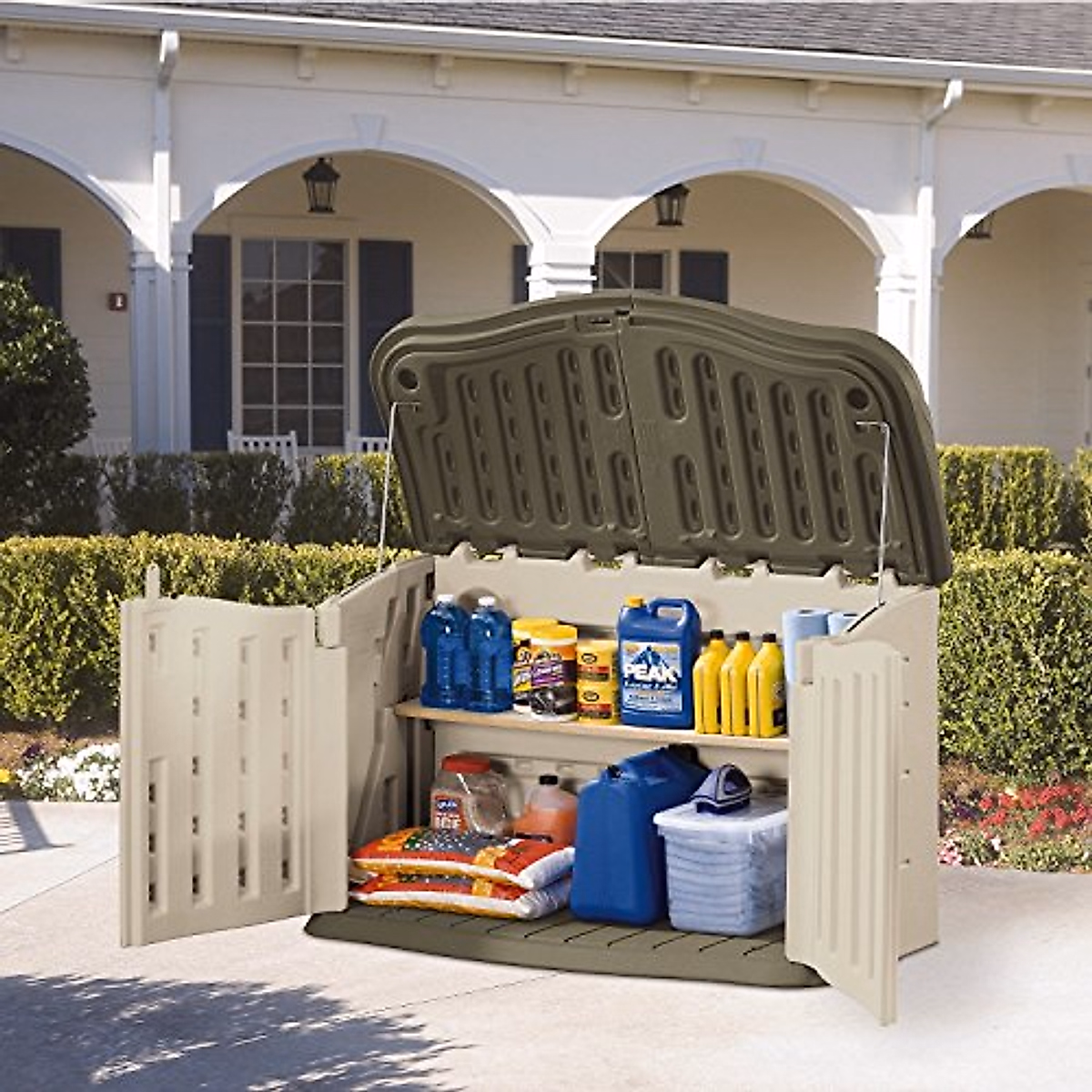 Rubbermaid Split-Lid Resin Weather Resistant Outdoor Storage Shed, Olive and Sandstone, for Garden/Backyard/Home/Pool