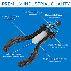 AKKTOL Rivet Gun Kit, 1/4" Pop Rivet Gun Kit with 210 Blind Rivets, Heavy Duty 13" Full Metal Rivet Gun Tool with 5 Nosepieces incl. 1/4", 3/16", 5/32", 1/8", and 3/32" for Metal, Gutter & Automotive