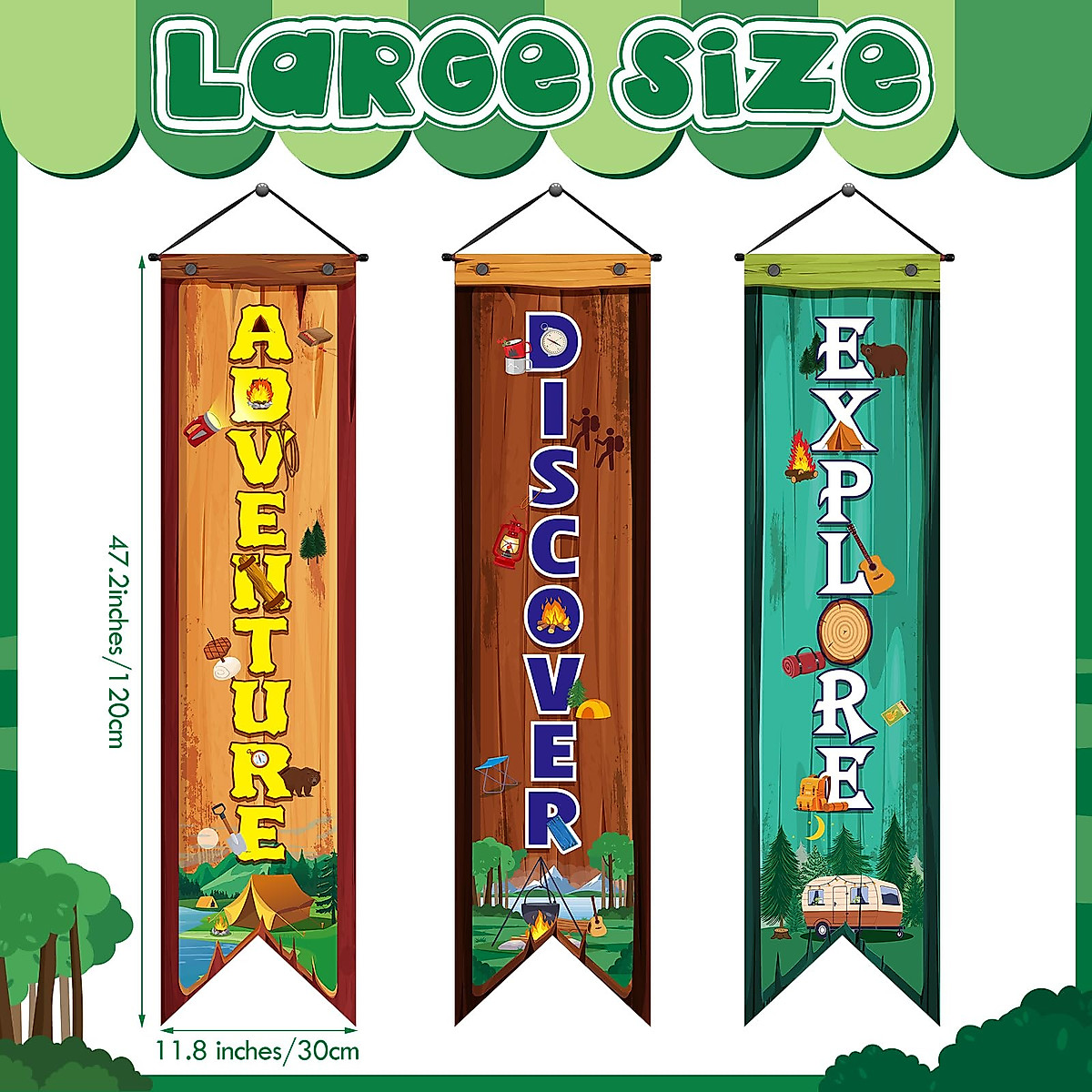 Chiisong 3 Pcs Camping Party Banners Camping Door Porch Sign Camping Party Decoration Camper Adventure Sign Welcome Camping Banner for Camping Theme Birthday Party Classroom Campsite Decorations
