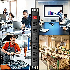 XBA 6 Outlets Mountable Power Strip with Switch, Long Power Strip with 6 Ft Extension Cord Heavy Duty Wide Space Wall Mount Power Strip for Home, Office, Industrial, Workshop, 15A 125V 1875W, Black